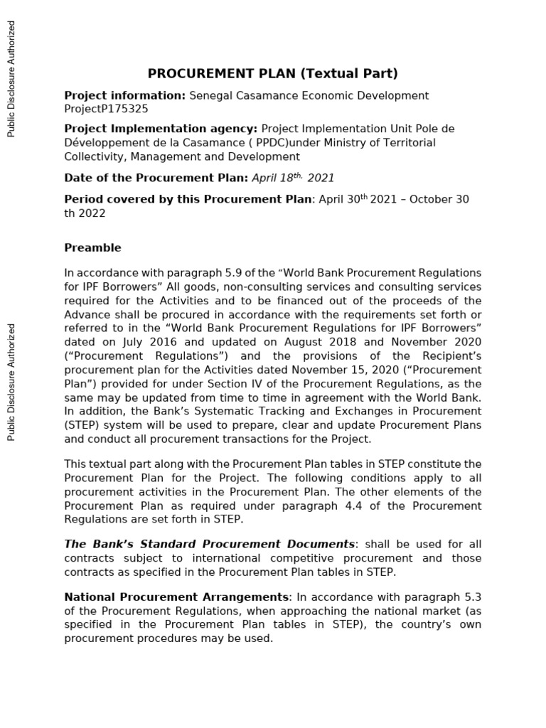 PROCUREMENT PLAN (Textual Part) : The Bank's Standard Procurement ...