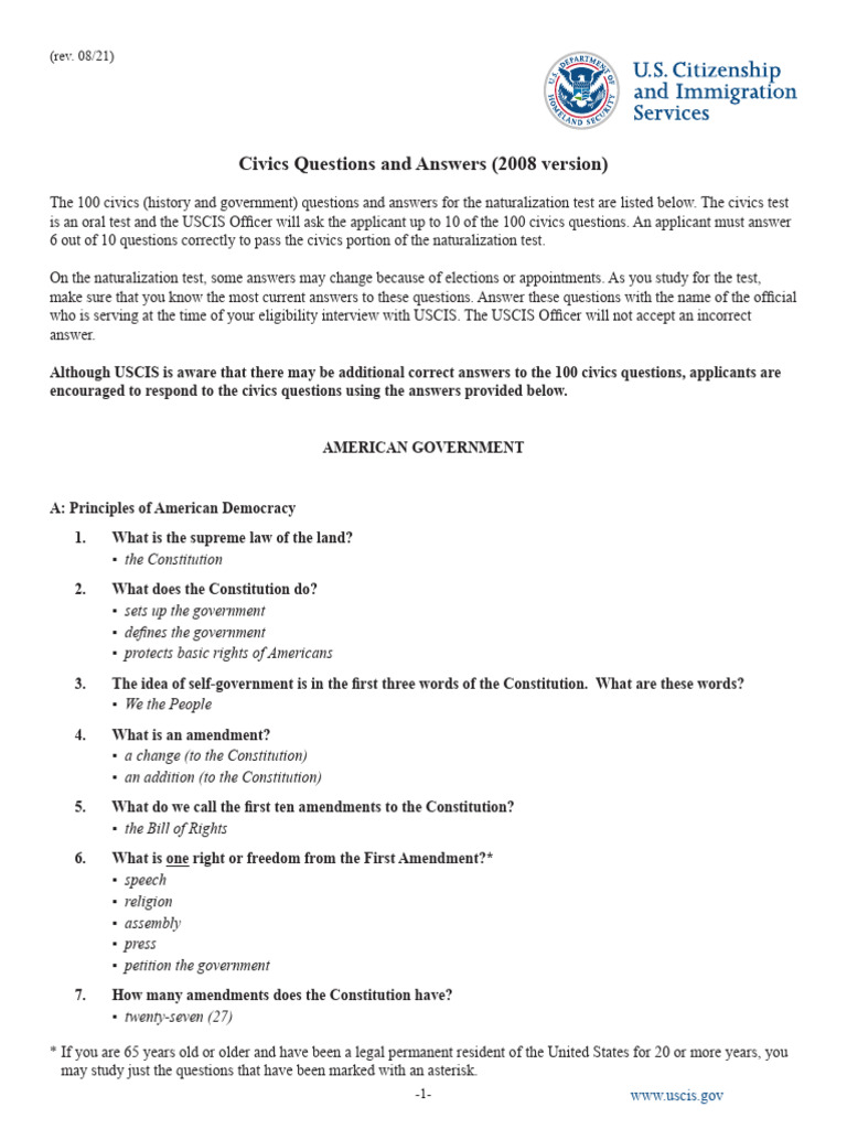 OoC 100 Questions 2008 Civics Test V1 | PDF | American Civil War ...