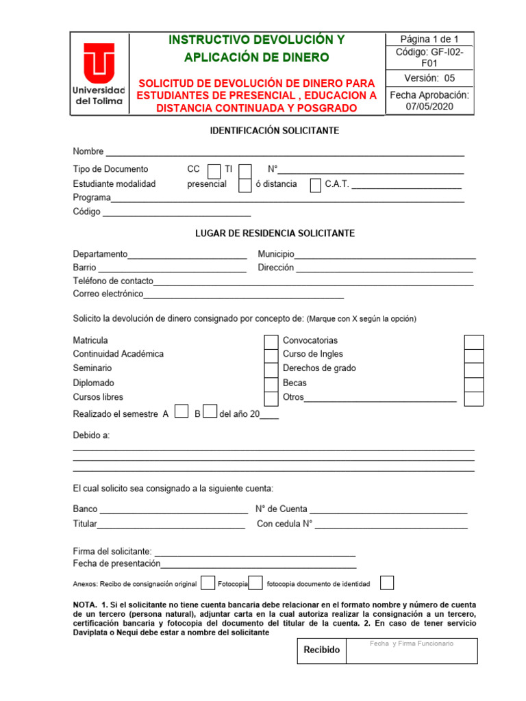 Formato Solicitud Aspirante Devolución de Dinero | PDF