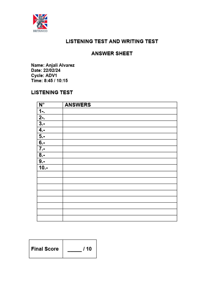 Listening Test and Writing Test - Answer Sheet | PDF