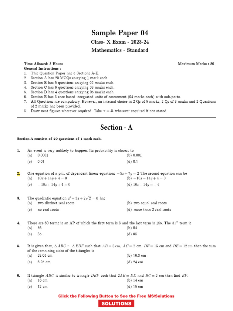 Sample Paper Class 10 Maths | PDF | Circle | Angle