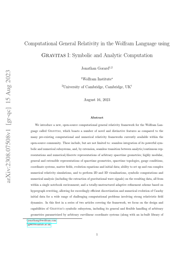 Computational General Relativity in The Wolfram Language Using Gravitas I: Symbolic and Analytic ...