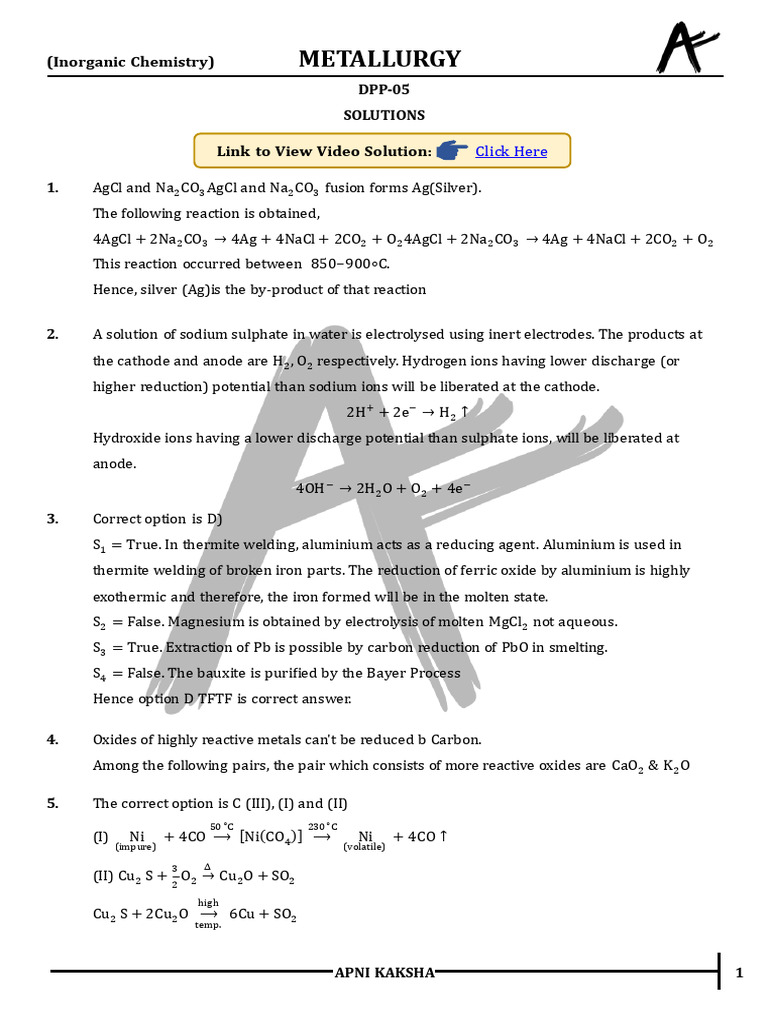 DPP - 05 (Video Solution) - Metallurgy | PDF | Redox | Magnesium