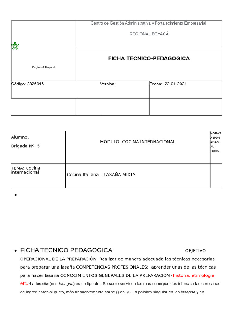 Lasaña Mixta-Ficha Ténica - Doc - 20240207 - 222541 - 0000 | PDF