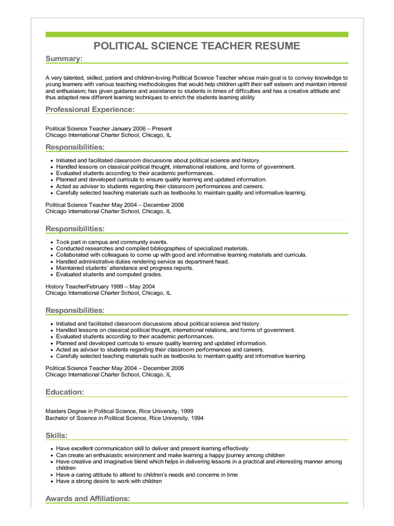 Political Science Teacher Resume | PDF