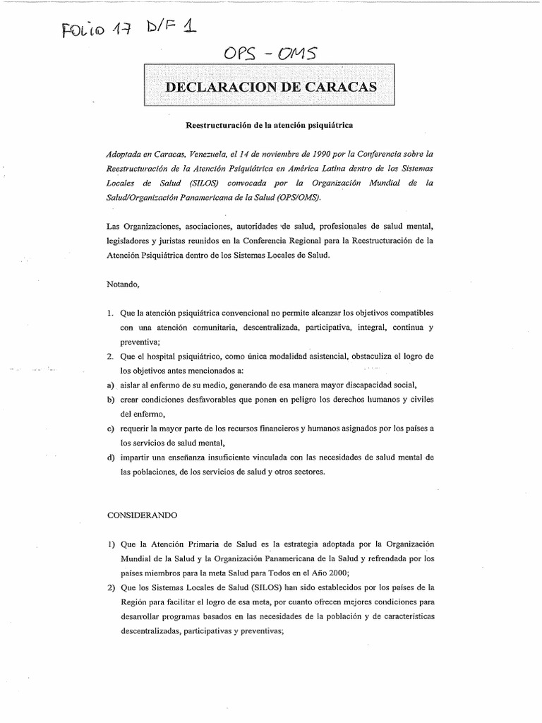 Declaración de Caracas para La Reestructuracion de La Atencion ... Declaración de Caracas para La Reestructuracion de La Atencion ...