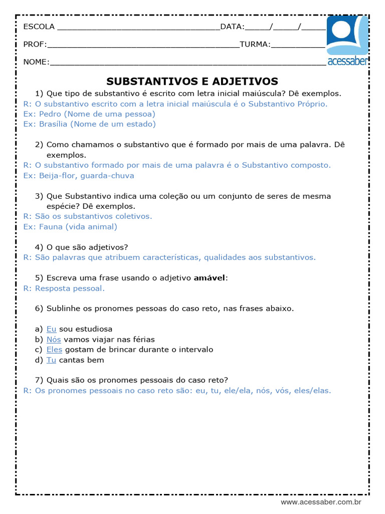 Atividade de Portugues Substantivos e Adjetivos 4 Ano e 5 Ano Respostas | PDF