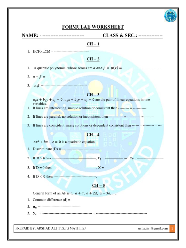 Formulae Worksheet-X | PDF | Algebra | Mathematical Concepts