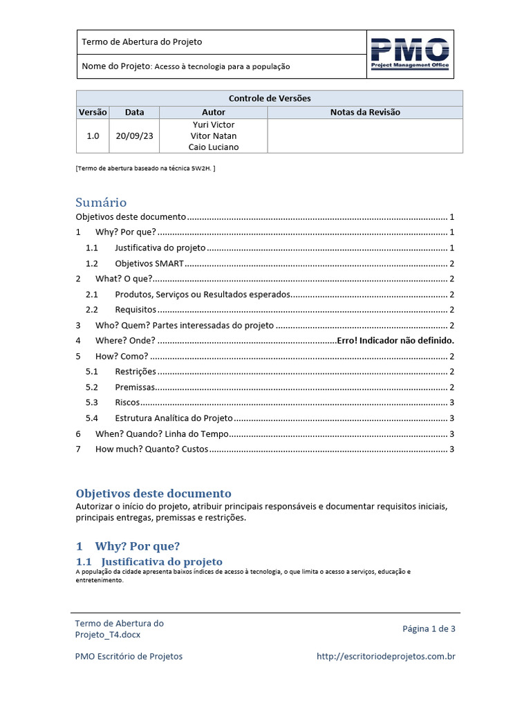 Termo de Abertura Do Projeto T4 | PDF