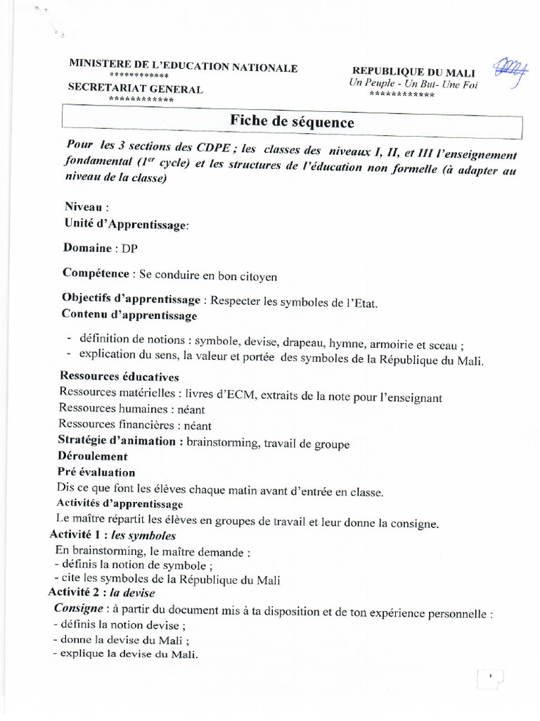 Fiche Sequence Fondamental 1, Cdpe, Educ Sépéciale Et L'education | PDF
