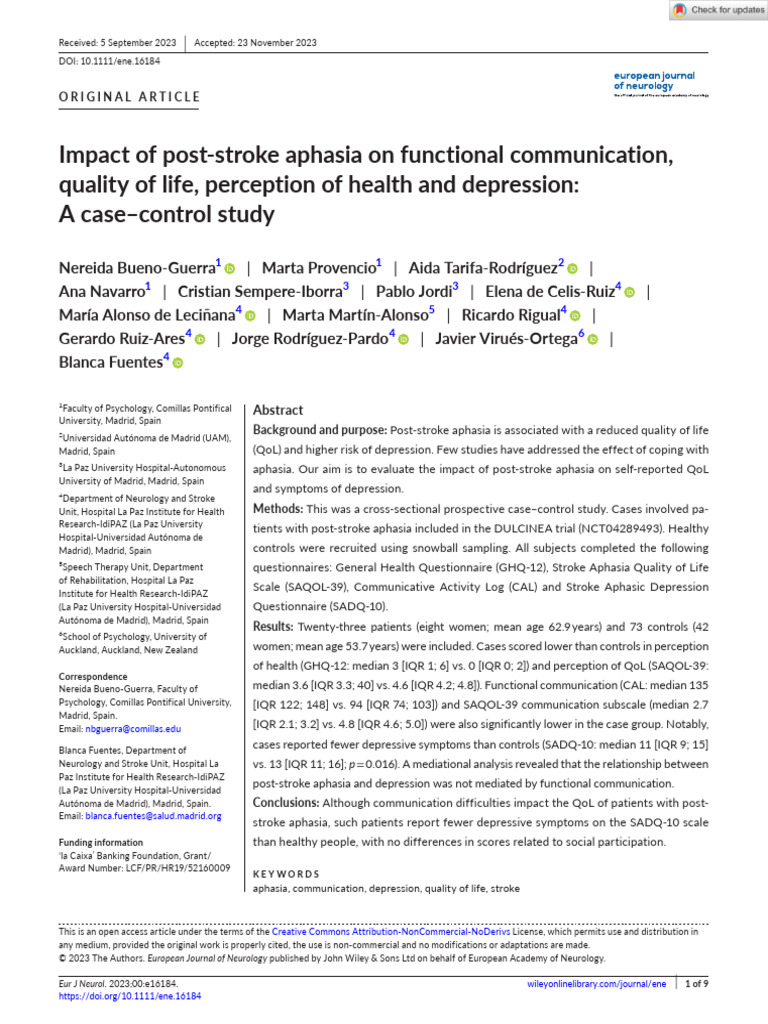 Euro J of Neurology - 2023 - Bueno Guerra - Impact of Post Stroke Aphasia On Functional ...