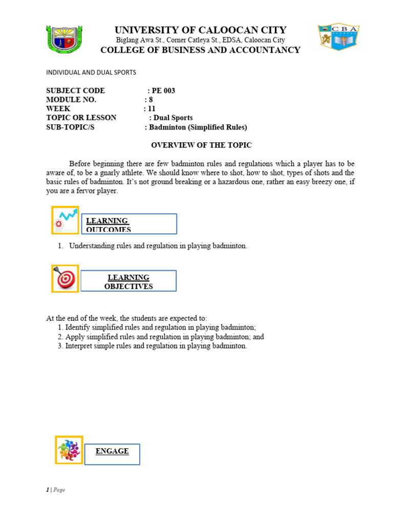 PE 003 CBA Module 8 Week 11 Badminton Simplified Rules and Regulation | PDF