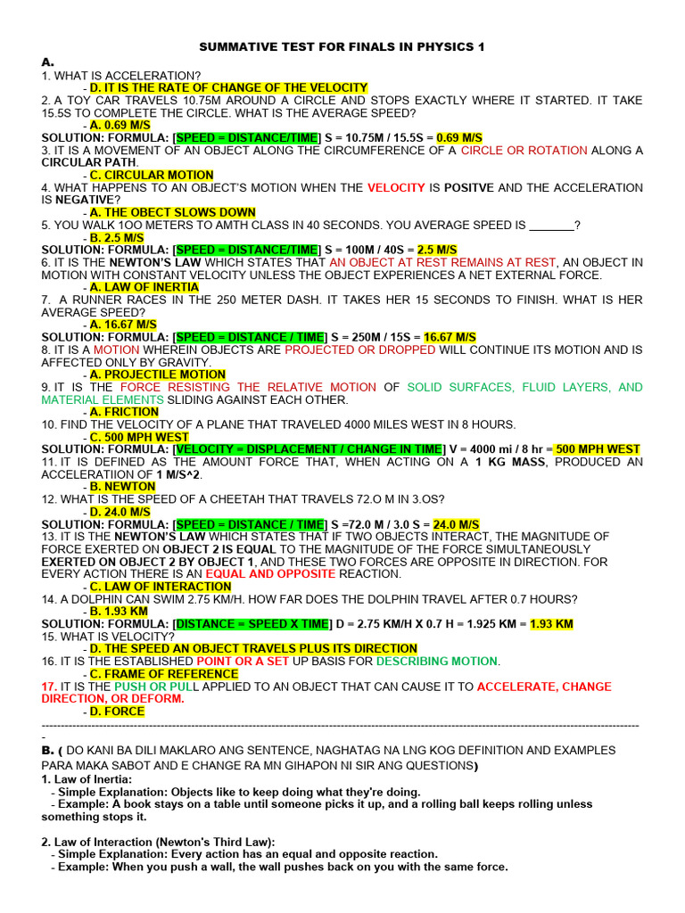 Summative Test For Finals in Physics 1 | PDF | Force | Acceleration
