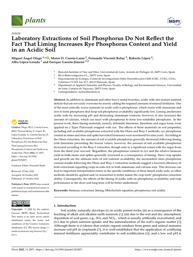 Laboratory Extractions of Soil Phosphorus Do Not Reflect The Fact That Liming Increases Rye ...