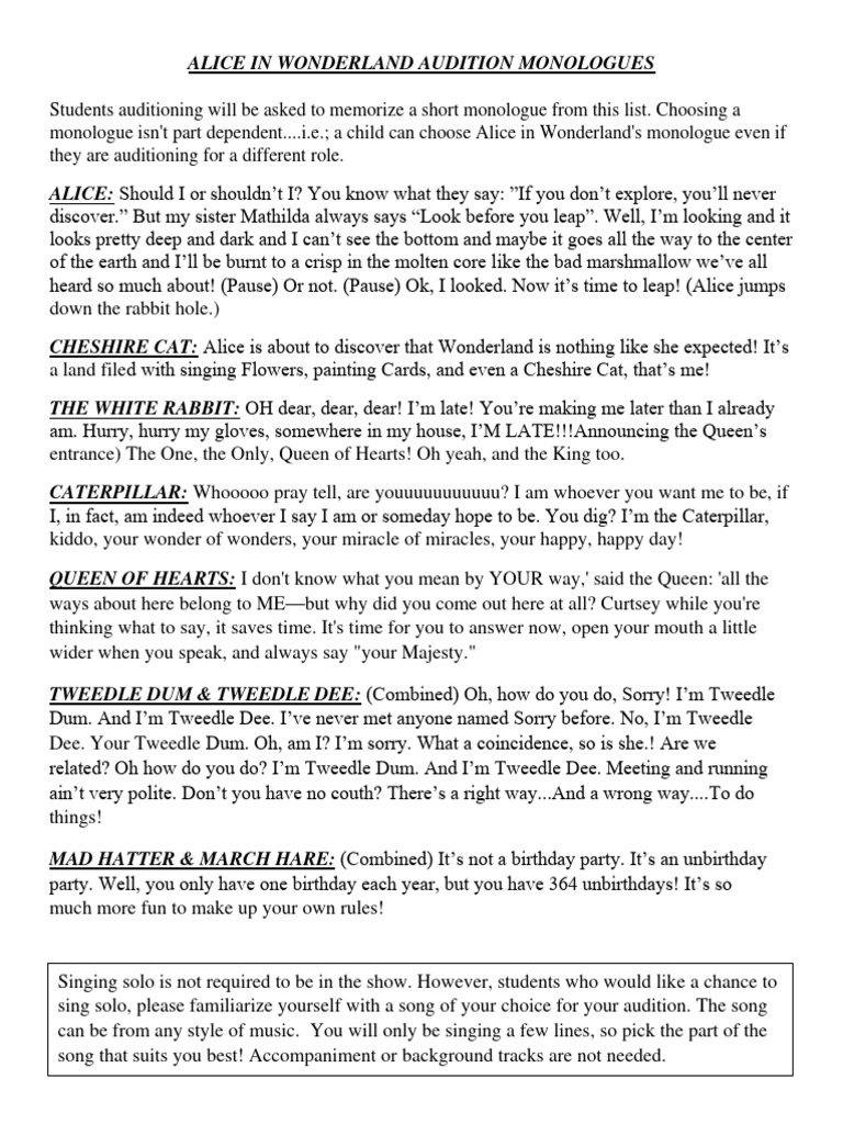 Alice in Wonderland Audition Monologues | PDF | Alice's Adventures In ...