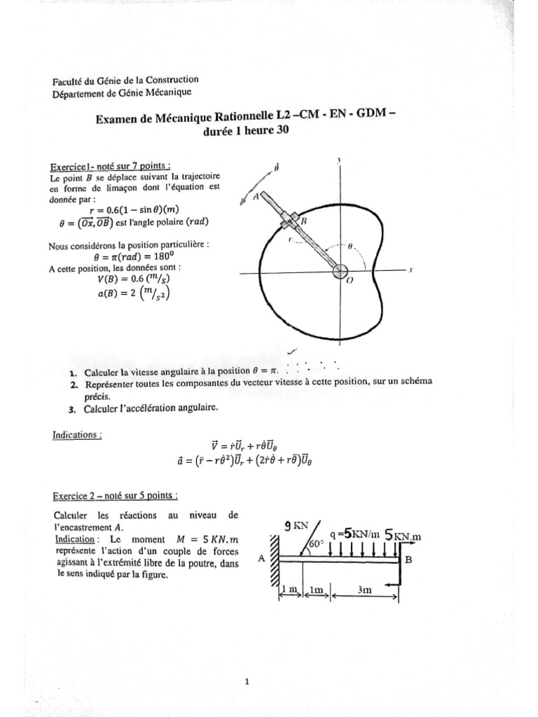 Examan Corrigé Mécanique Rationnel l2 22-23 | PDF
