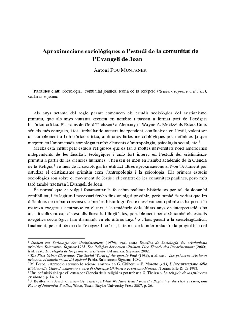 POU Aproximacions Sociològiques Al Quart Evangeli | PDF