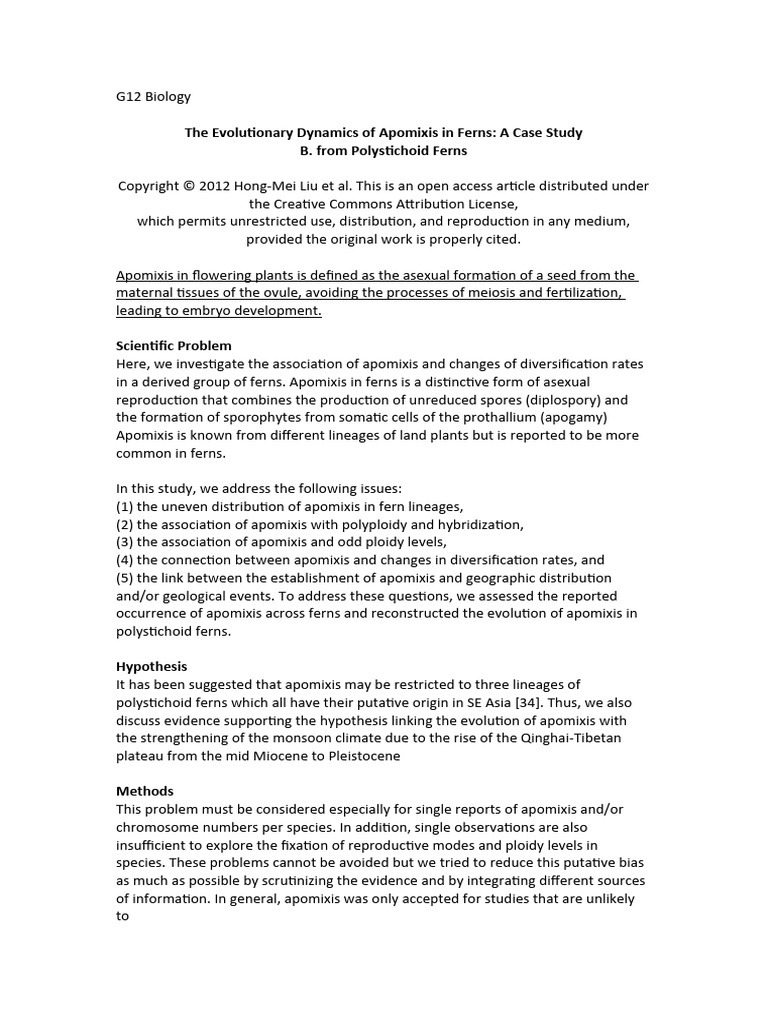 Case Study - G12 Biology The Evolutionary Dynamics of Apomixis in Ferns ...