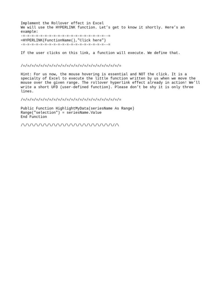 Rollover Effect with HYPERLINK in Excel | PDF