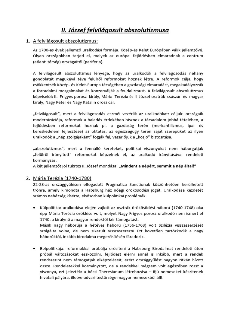 II. József Felvilágosult Abszolutizmusa | PDF