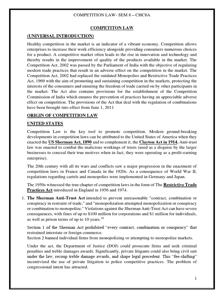 Competiton Law Notes | PDF | Sherman Antitrust Act | Competition Law