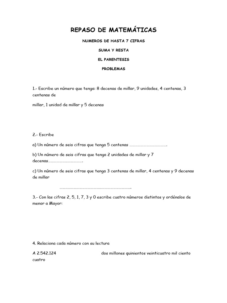 Repaso de Matematicas | PDF | Sustracción | Matemáticas