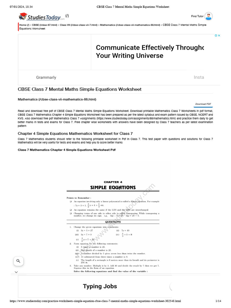 CBSE Class 7 Mental Maths Simple Equations Worksheet | PDF ...
