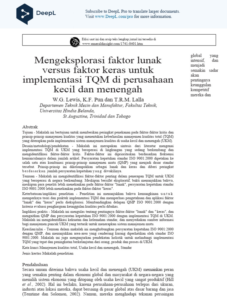 Exploring Soft Vs Hard Factors For TQM Implementation in SME - Lewis&Lalla - IJQRM Id | PDF