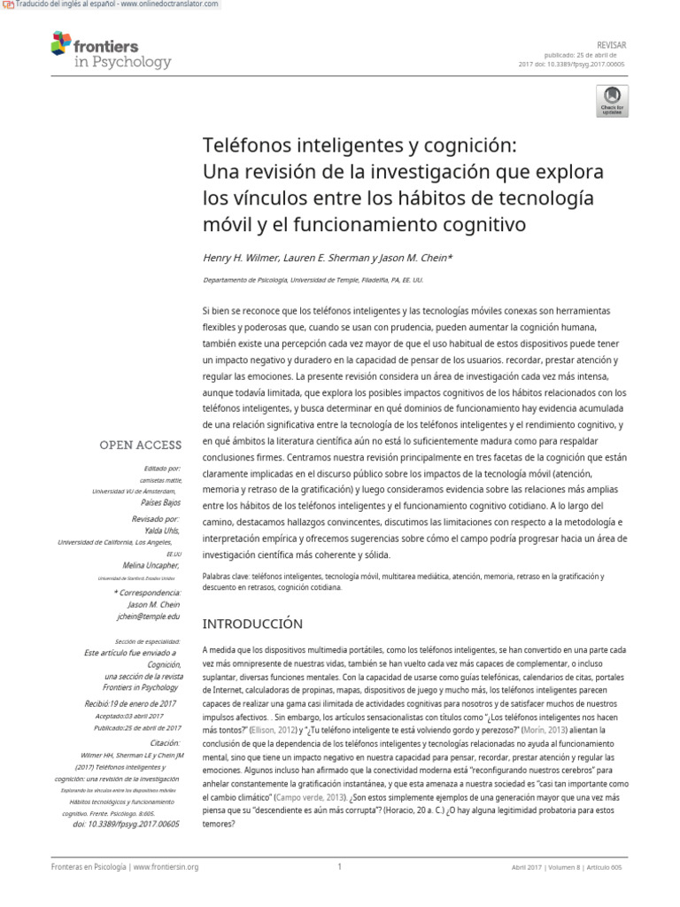 TraducciÓn Smartphones And Cognition A Review Of Research Exploring The Links Between Mobile