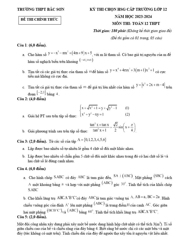 De Thi Chon HSG Toan 12 Nam 2023 2024 Truong THPT Bac Son Lang Son | PDF