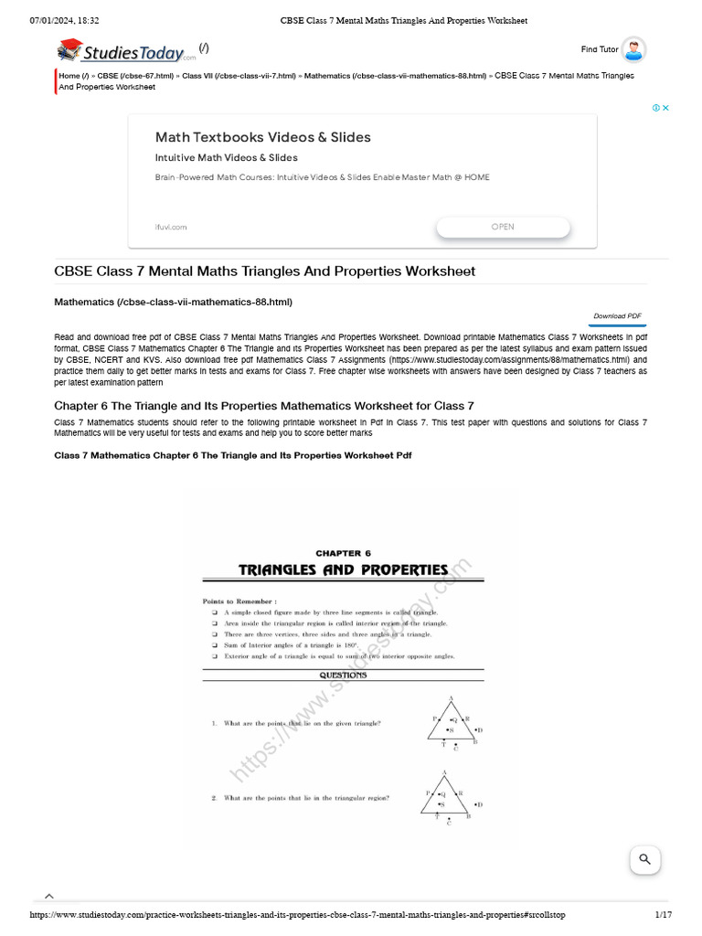 CBSE Class 7 Mental Maths Triangles and Properties Worksheet | PDF