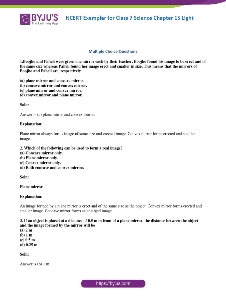 NCERT Exemplar Solution Class 7 Science Chapter 15 | PDF | Mirror ...