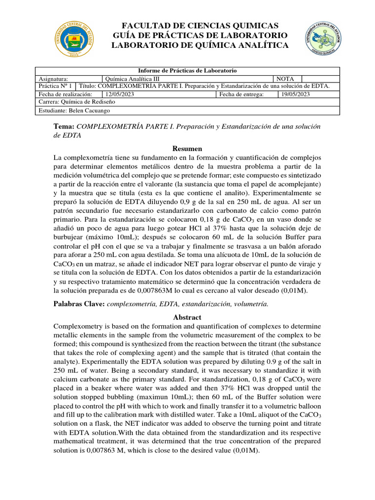 Informe Práctica 1-Preparación y Estandarización de Una Solución de EDTA | PDF | Química ...