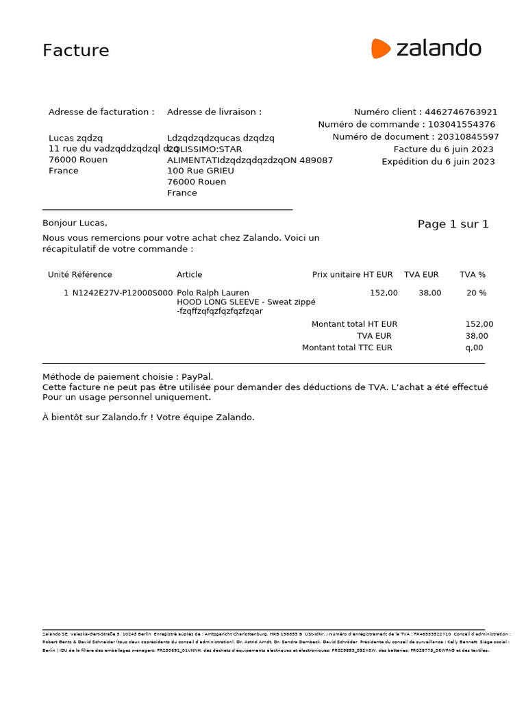 Facture Zalando - 6 juin 2023 | PDF