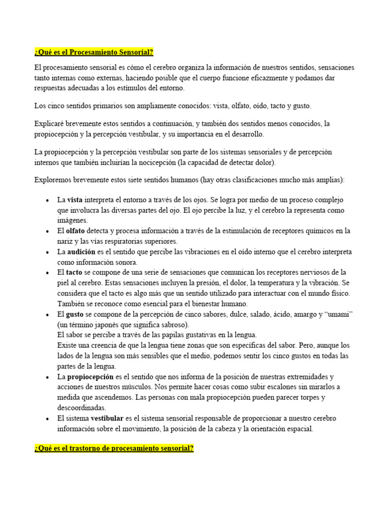 Qué Es El Procesamiento Sensorial | PDF