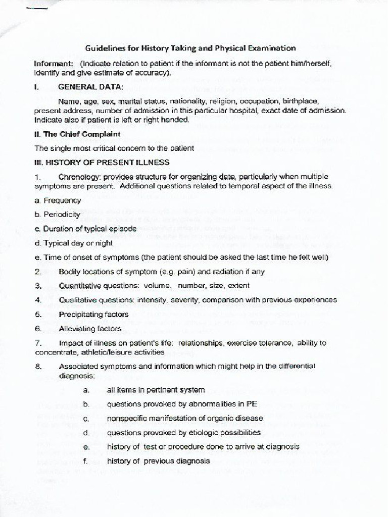 Guidelines For History Taking and Physical Examination | PDF