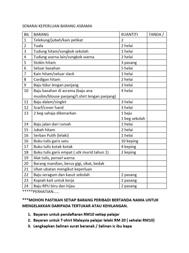 Senarai Keperluan Barang Asrama | PDF Senarai Keperluan Barang Asrama | PDF