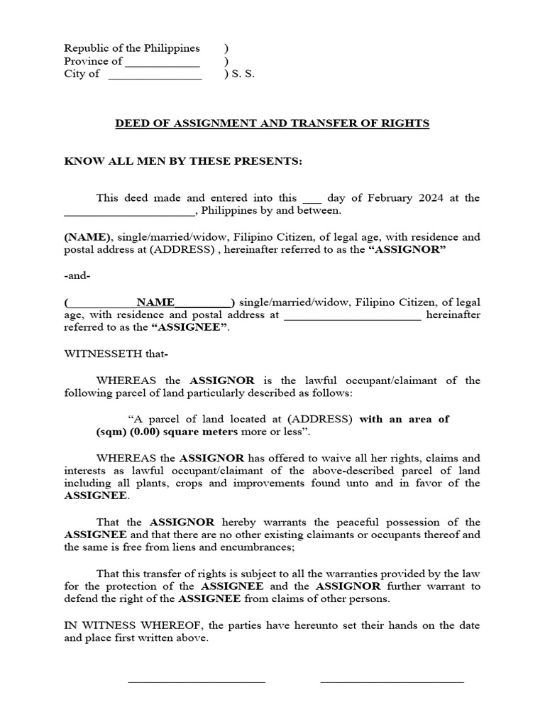 Deed of Assignment and Transfer of Rights | PDF | Assignment (Law ...