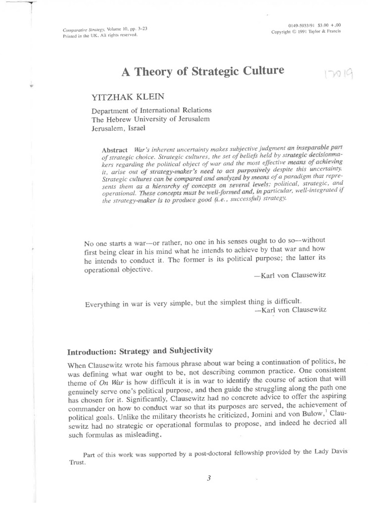 (ADSP 2) A Theory of Strategic Culture - Yitzhak Klein | PDF