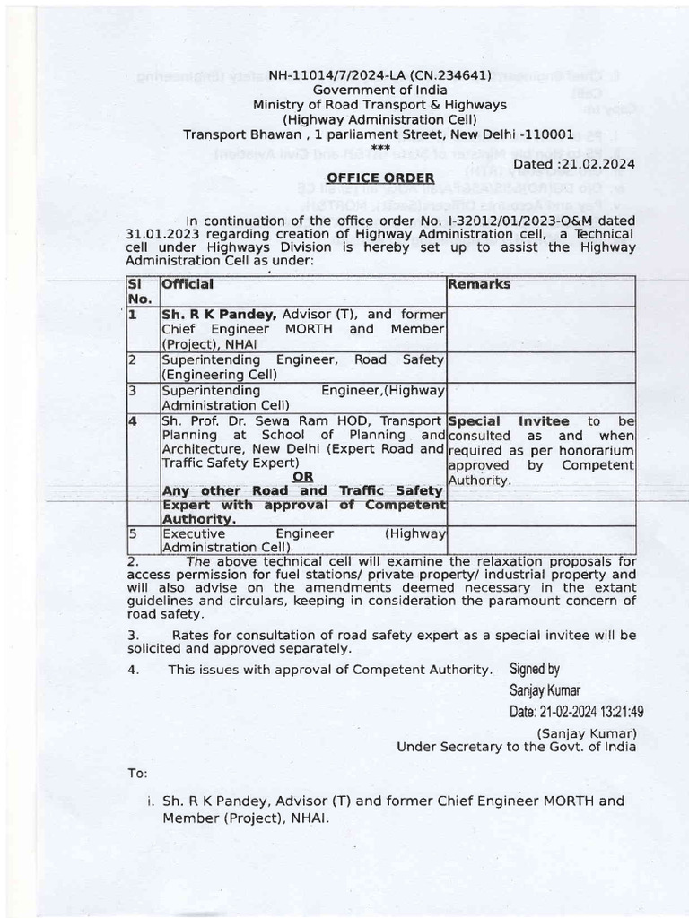 MORTH Office-order-CN-234641 | PDF | Road Transport | Transport