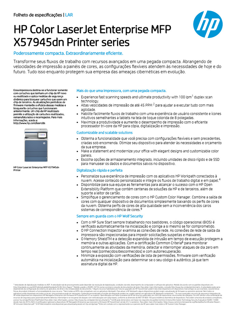 HP LaserJet X57945dn: Compacta e Segura | PDF | Hewlett Packard | USB