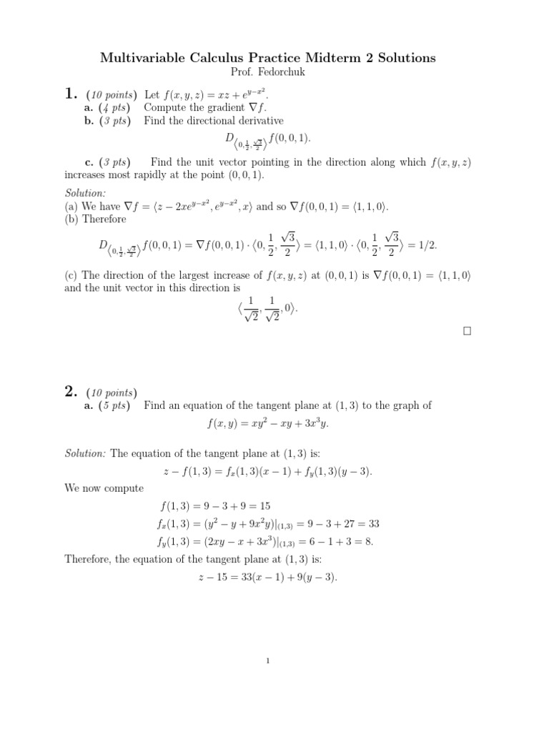 Multivariable Calculus Practice Midterm 2 Solutions Prof Fedorchuk Pdf Tangent