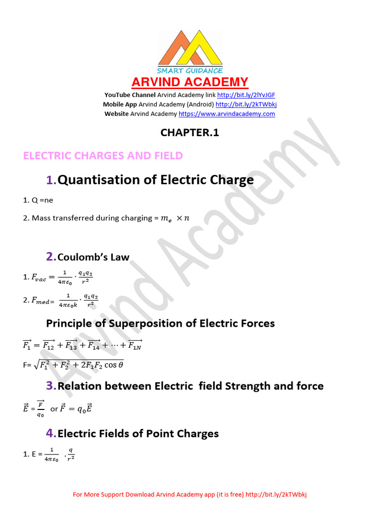 Chap 01 ELECTRIC CHARGES AND FEILD (Formula Sheet ... Chap 01 ELECTRIC CHARGES AND FEILD (Formula Sheet ...