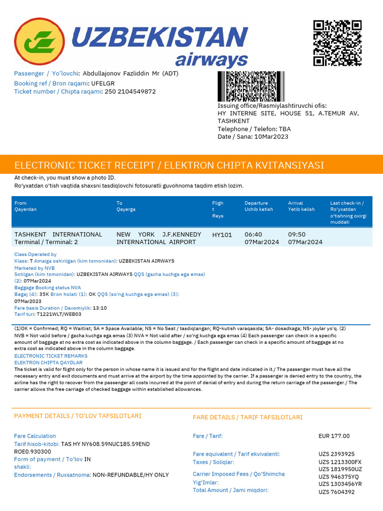 Electronic Ticket Receipt / Elektron Chipta Kvitansiyasi | PDF ...