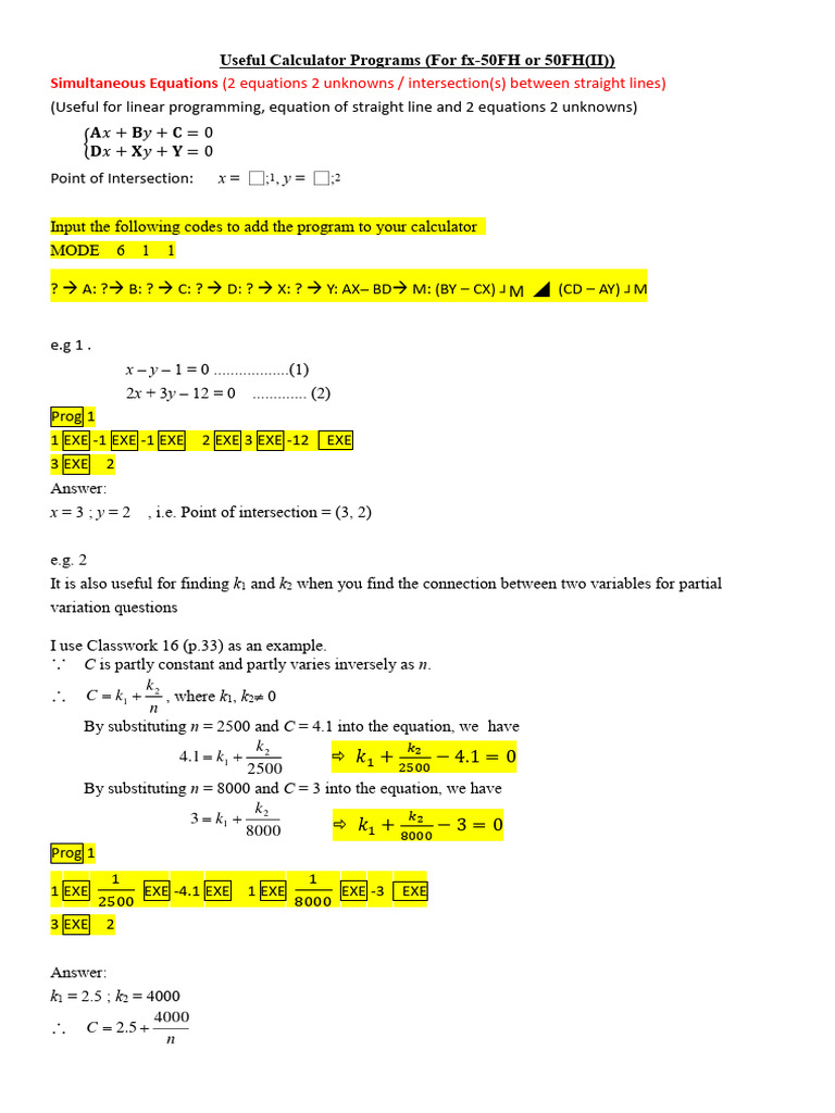 Simultaneous Equations Calculator Guide | PDF