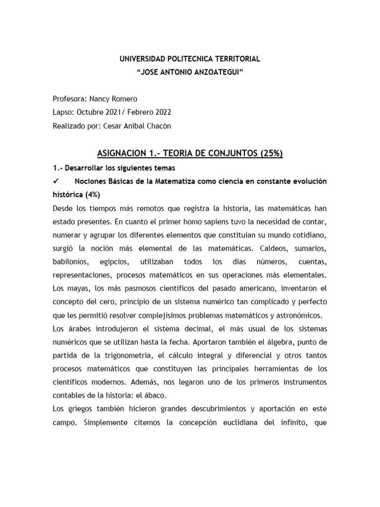 Cesar Chacon (Primera Evaluacion Teoria de Conjuntos) | PDF | Matemáticas | Álgebra