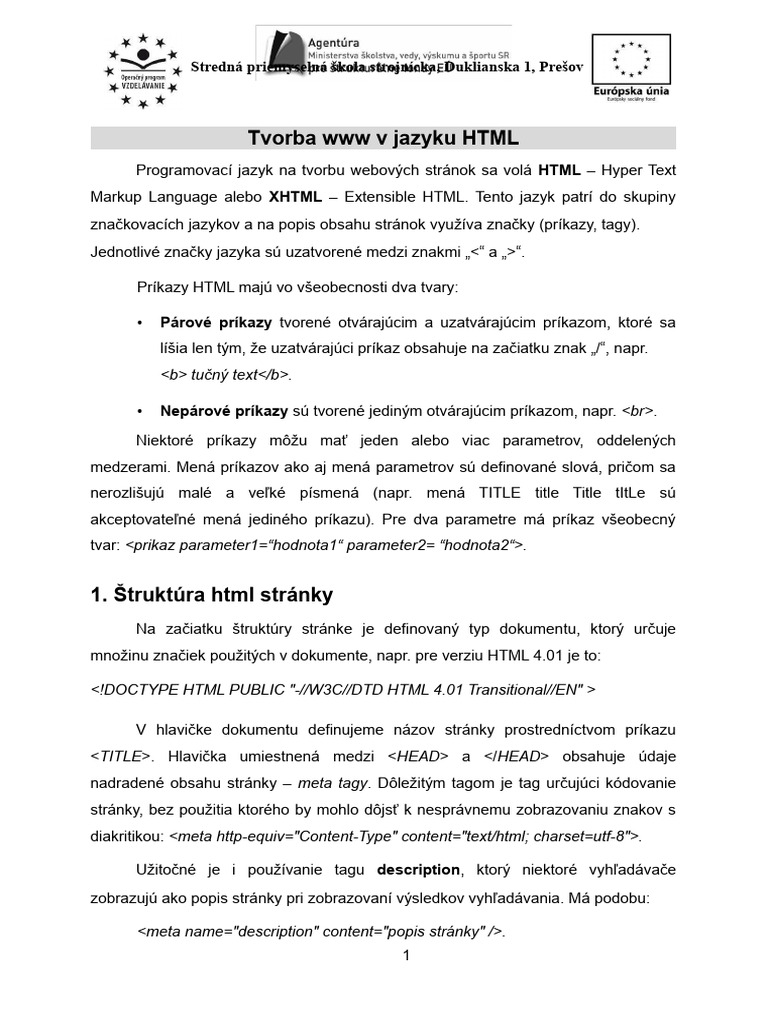 Tvorba WWW Pomocou HTML | PDF Tvorba WWW Pomocou HTML | PDF