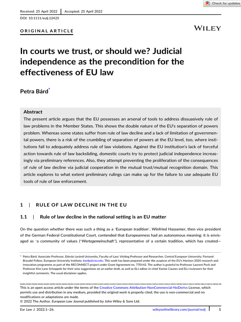 European Law Journal - 2022 - B RD - in Courts We Trust or Should We ...