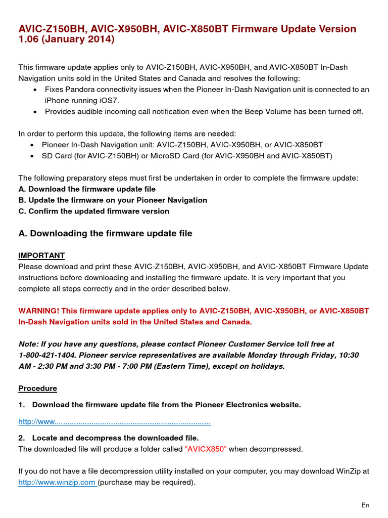 AVIC-Z150BH, X950BH, X850BT Firmware Update Instructions | PDF | Operating System Families ...
