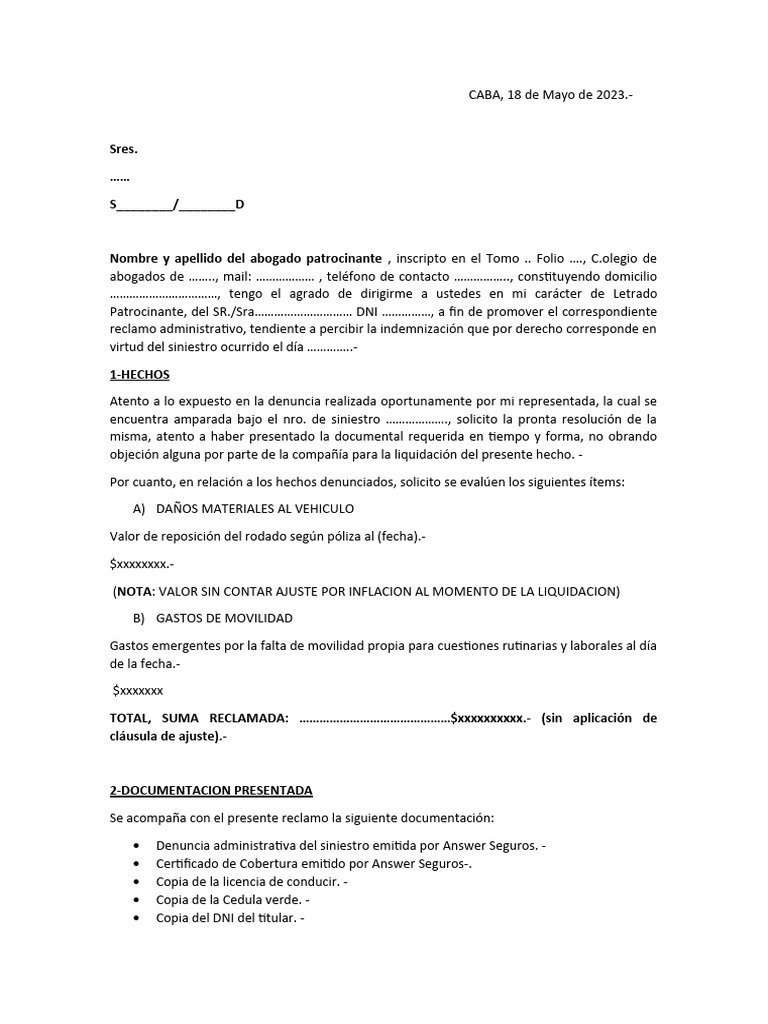 Patrocinio Letrado para Reclamos A Compañias de Seguros | PDF | Póliza ...